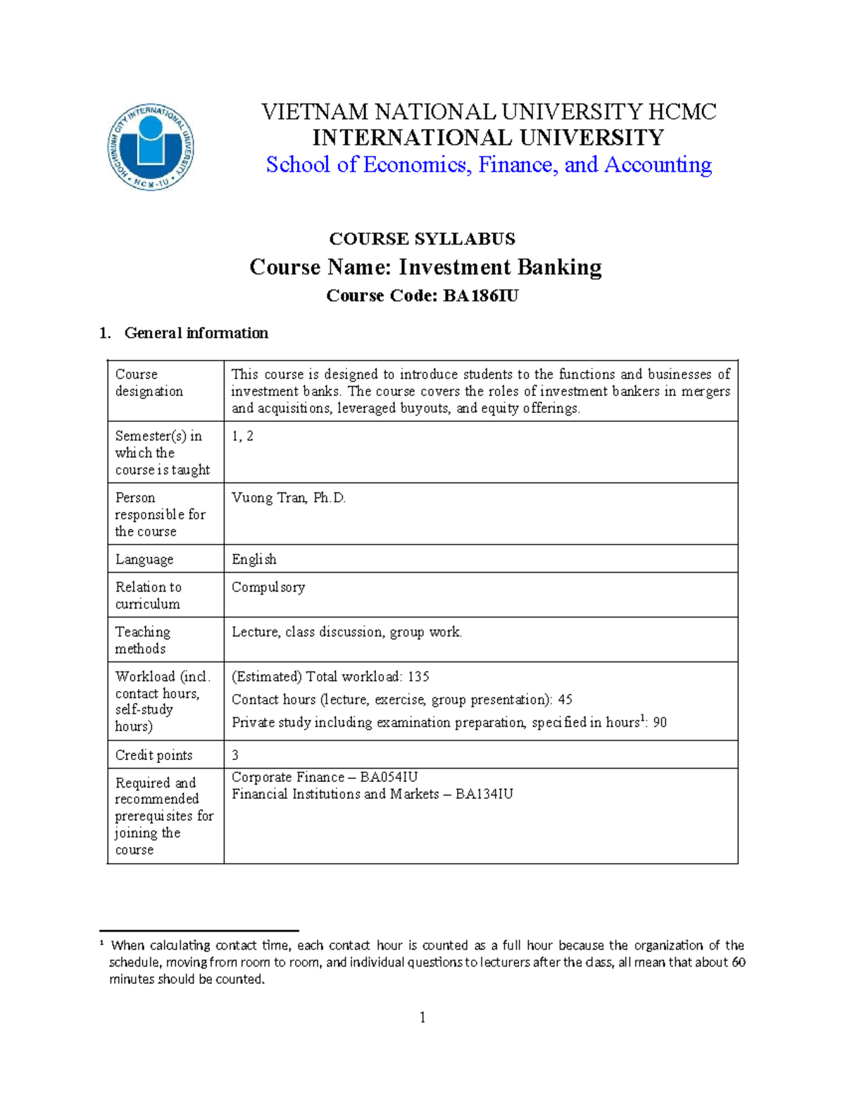 BA186IU Investment Banking Course Syllabus - Overview and Objectives ...