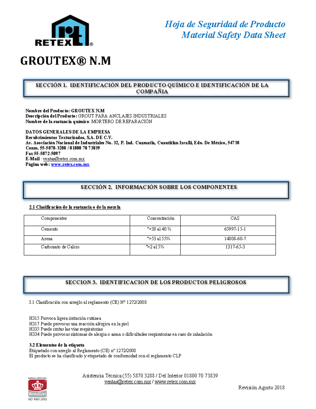 Hoja de Seguridad de Producto (HDS) para GROUTEX N.M - Studocu