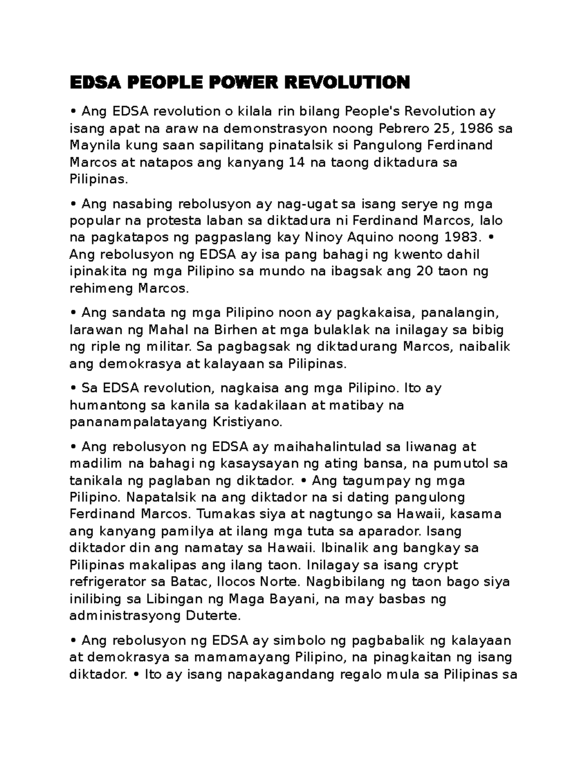 Kahalagahan ng EDSA People Power Revolution: Isang Pagsusuri - Studocu