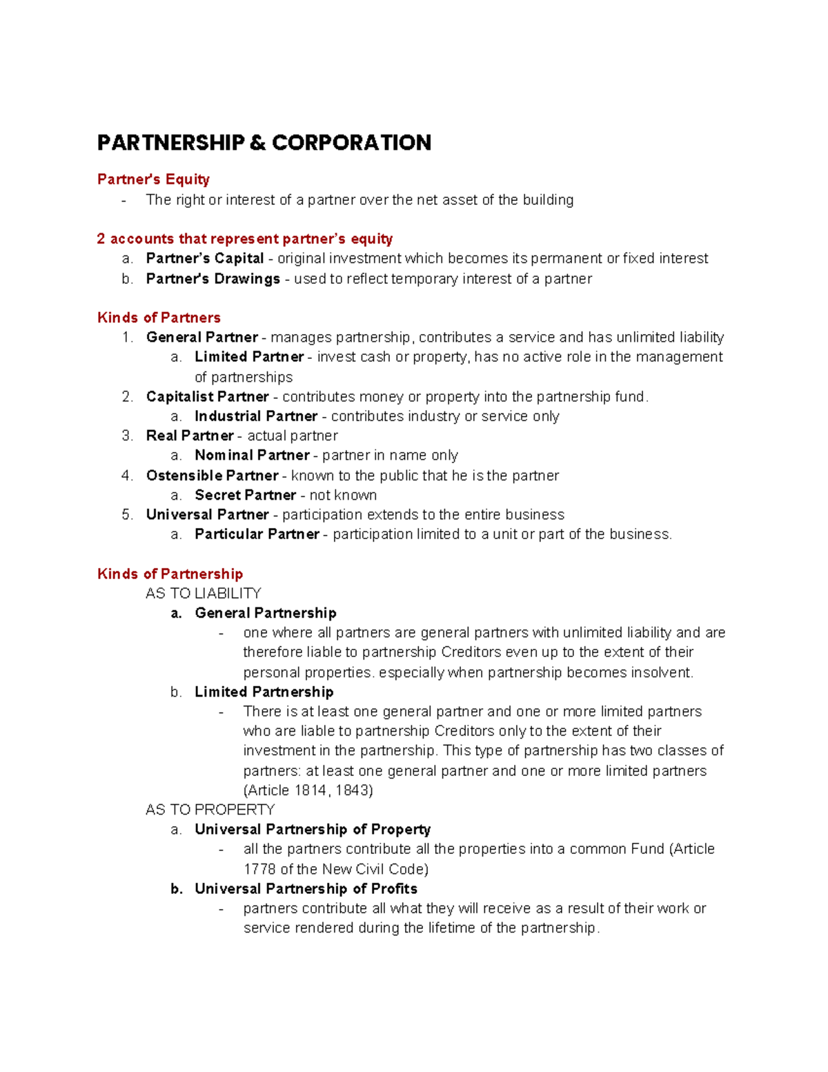 Partnership & Corporation: Key Concepts and Structures Explained - Studocu