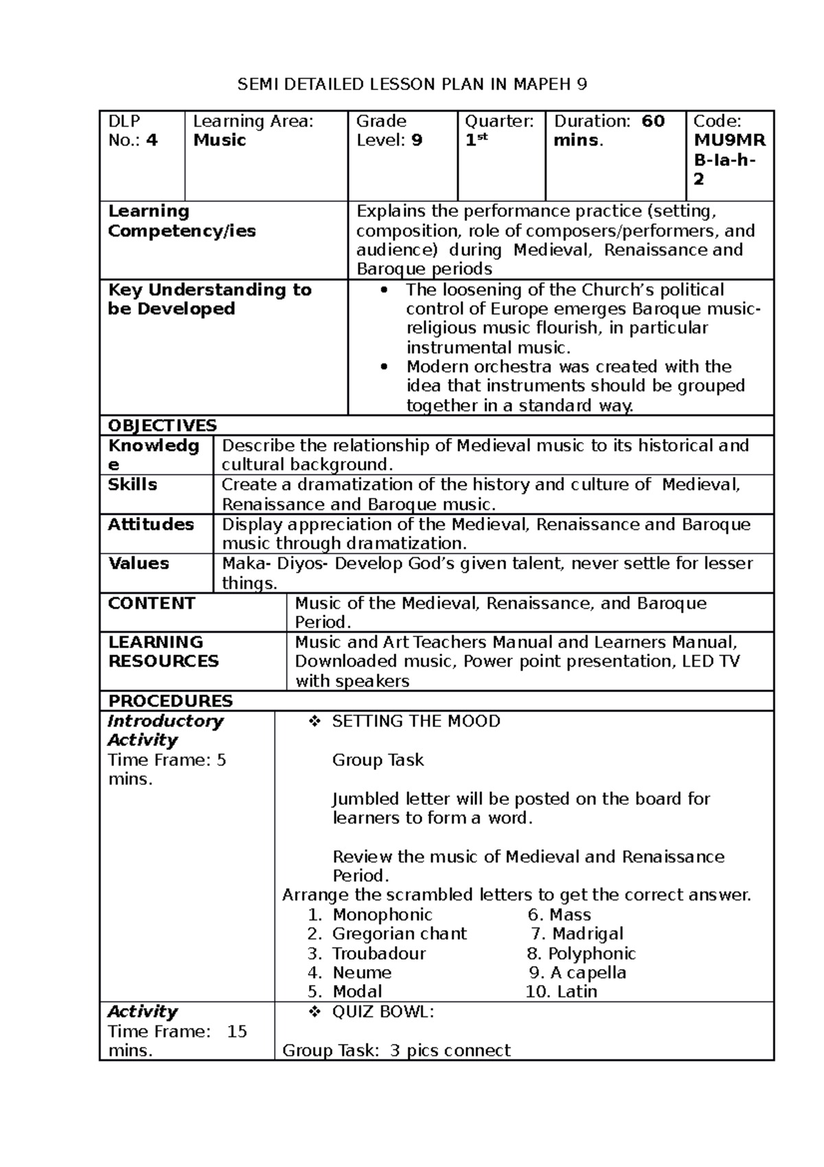 MU9 Q1 L4 Semi-Detailed Lesson Plan: Medieval to Baroque Music - Studocu