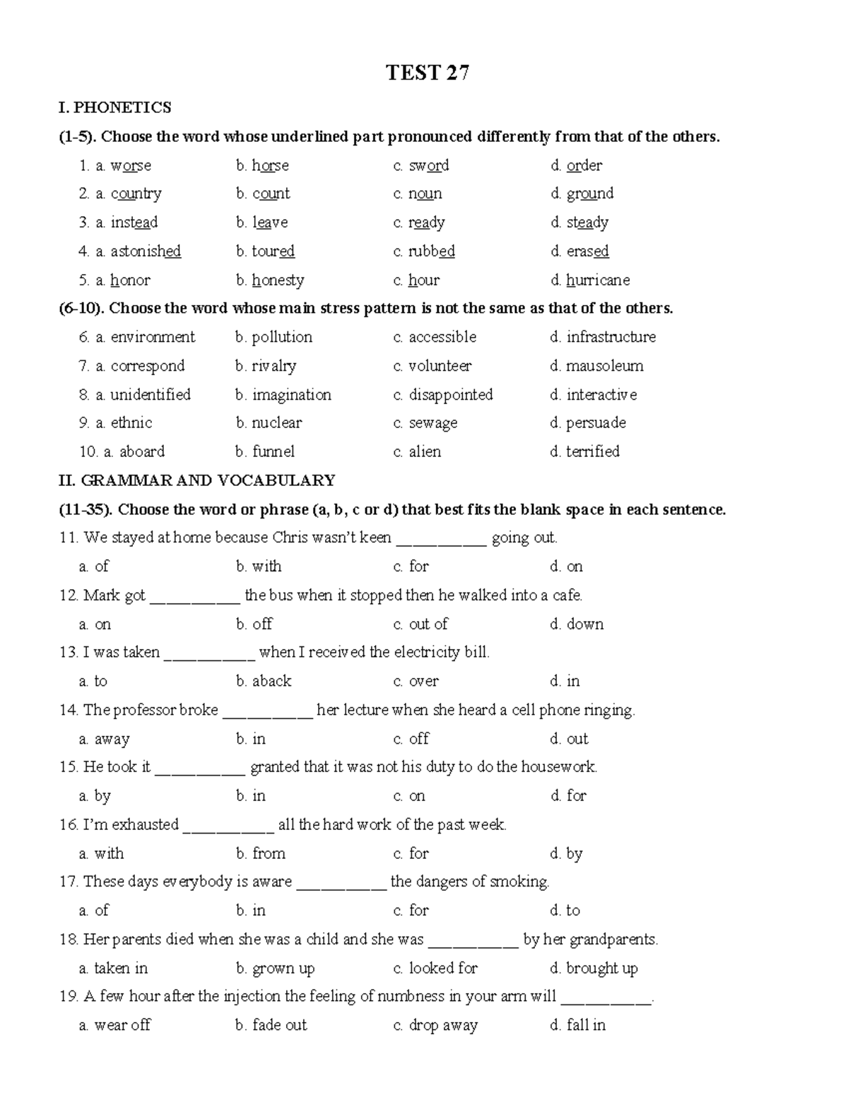 TEST 27 - Phonetics, Grammar, and Vocabulary Practice - Studocu