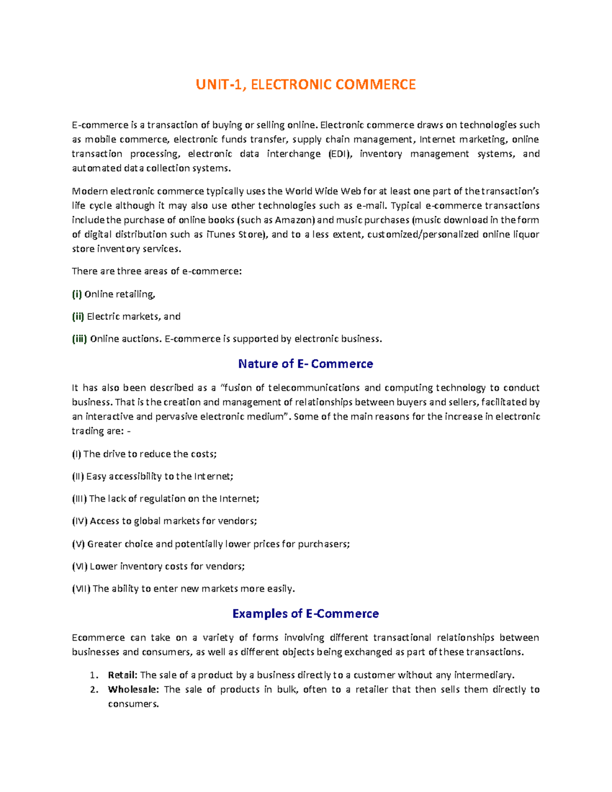 BBA E-Commerce - Unit 1 Comprehensive Study Notes - Studocu