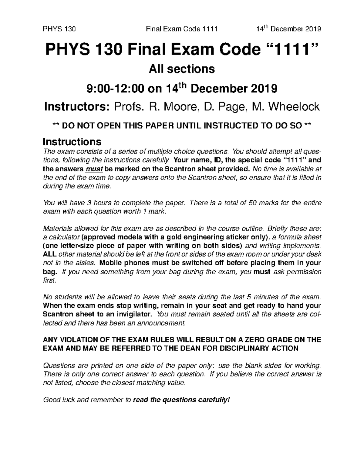 PHYS 130 Final Exam Instructions and Questions - 14th Dec 2019 - Studocu