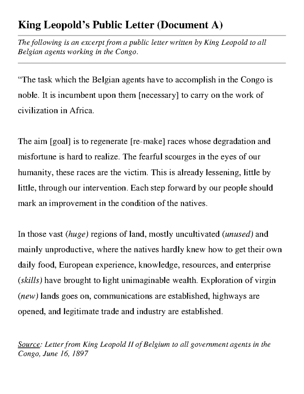 King Leopold II's Letters on Colonialism in the Congo - Studocu