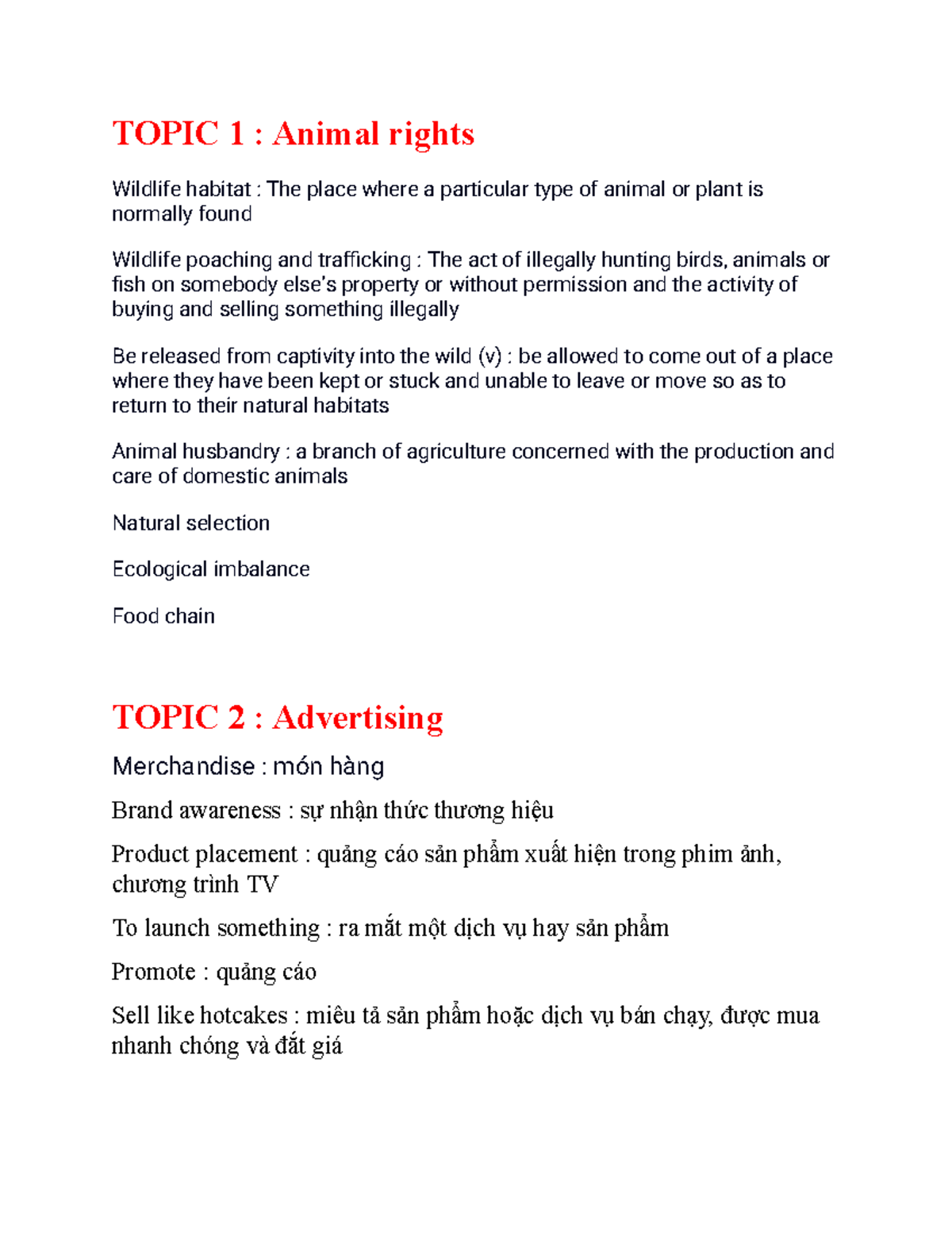 Vocabulary Notes for Topics 1-5: Animal Rights, Advertising, Cities ...