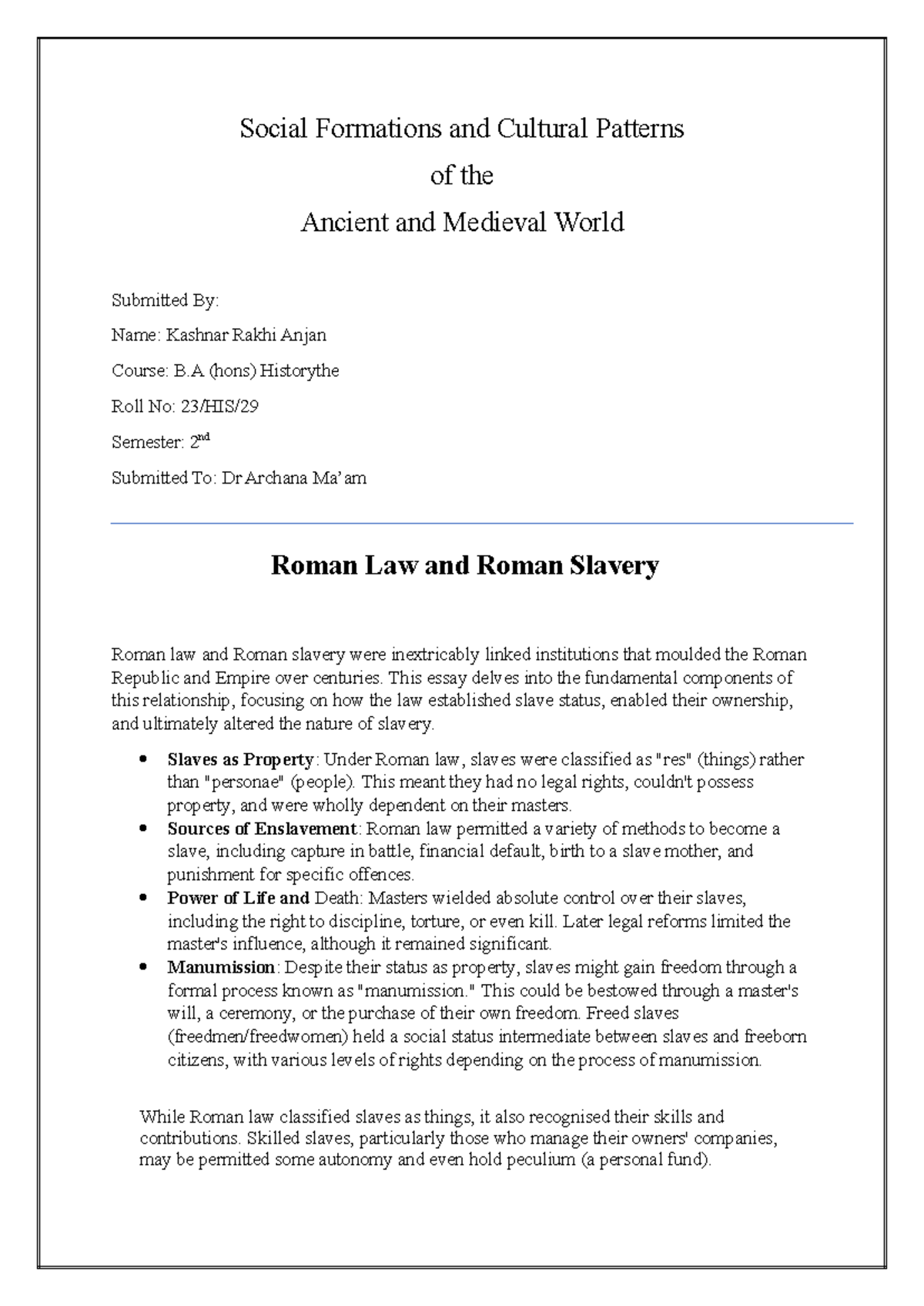 Roman Law and Slavery: An Analysis of Ancient Institutions SOFO - Studocu