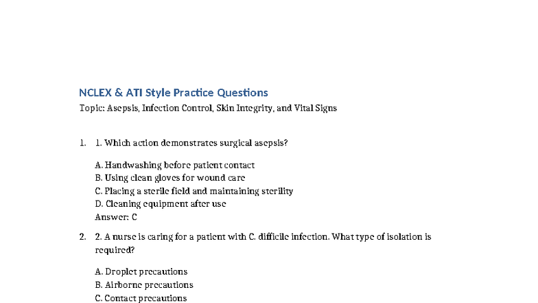 NCLEX ATI Practice Questions: Asepsis, Infection Control & Vital Signs ...