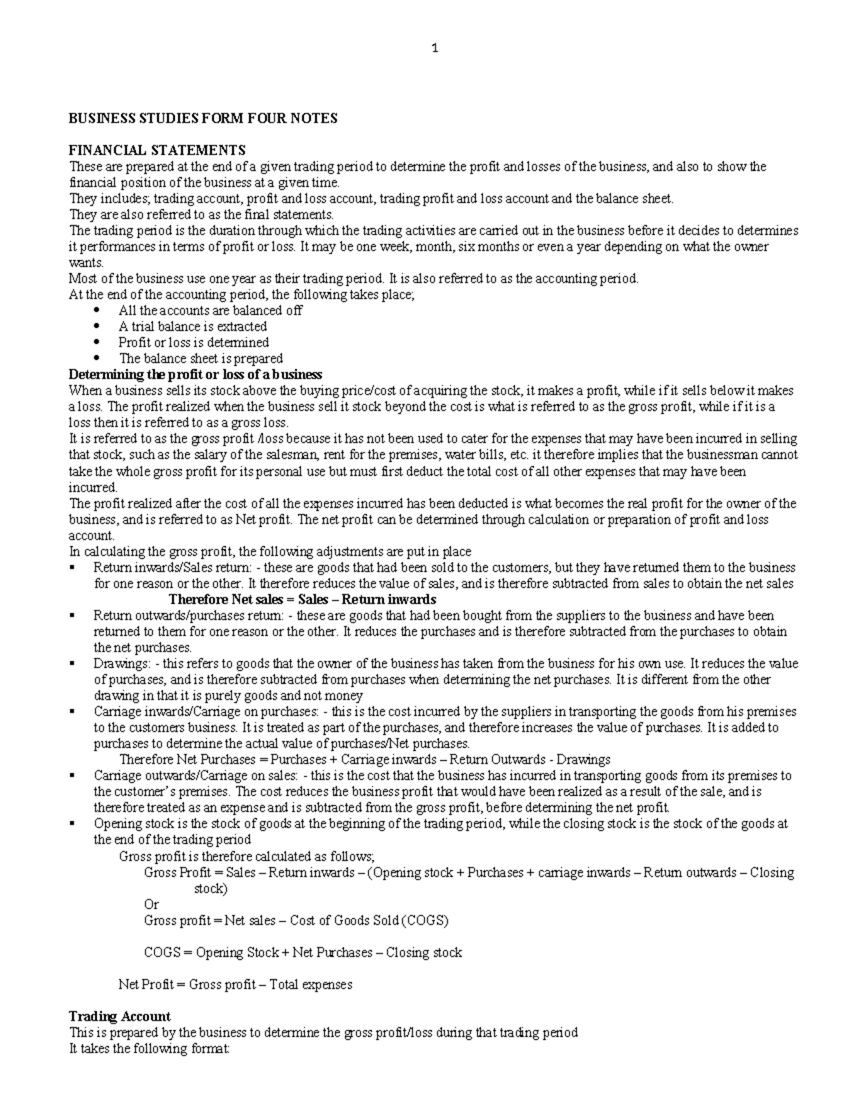 Business Studies Notes: Financial Statements & Analysis FORM FOUR - Studocu