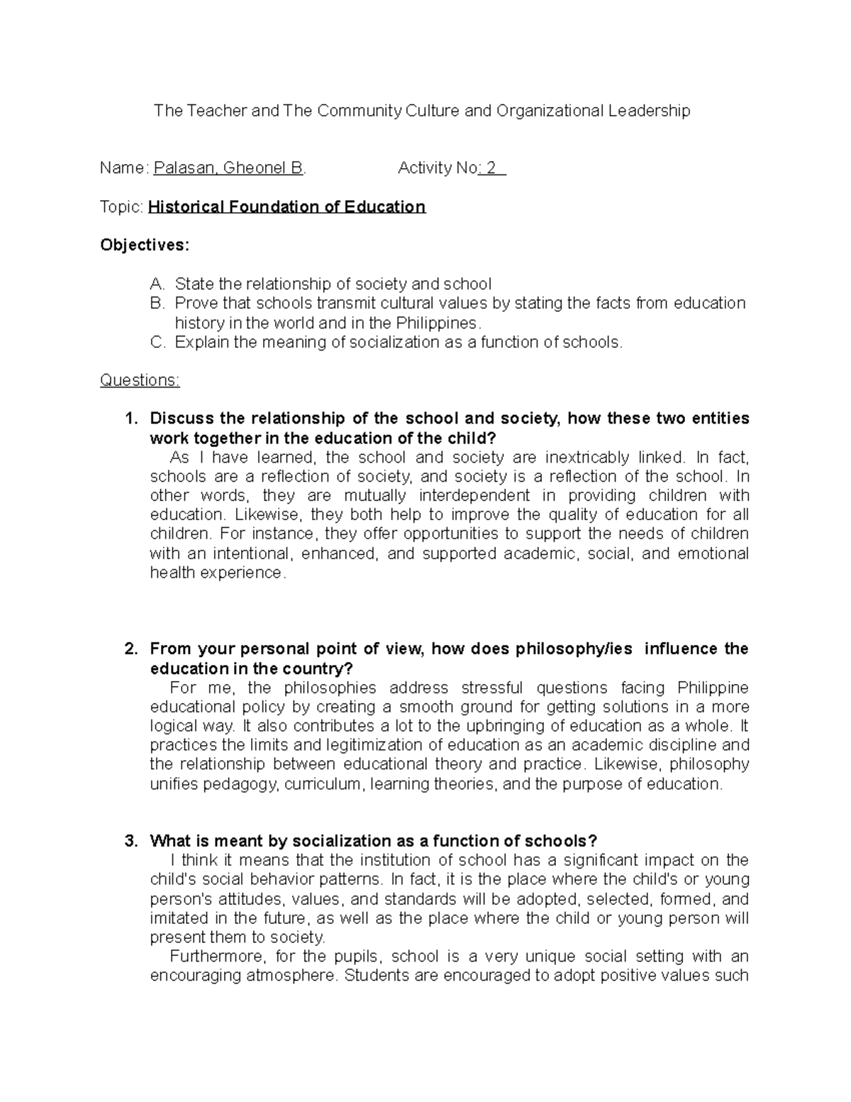 Worksheet - 2 Historical Foundation of Education - The Teacher and The ...