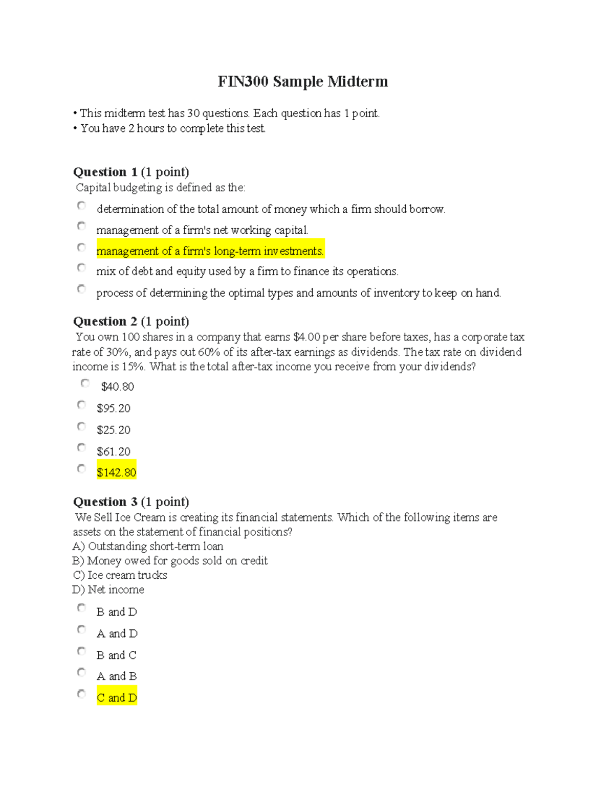 FIN300 Sample Midterm Exam Questions and Guidelines - Studocu