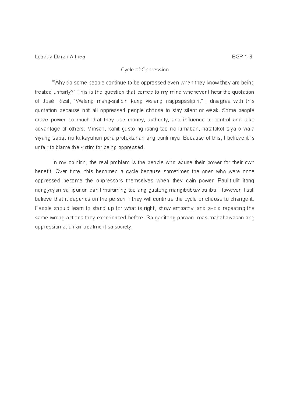 BSP Cycle of Oppression - Essay Activity Analysis and Insights - Studocu