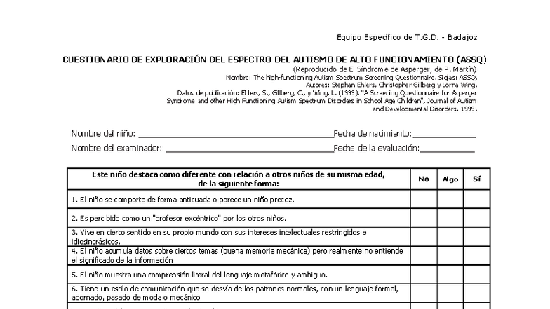 ASSQ - Cuestionario de Exploración del Espectro Autista para Niños ...