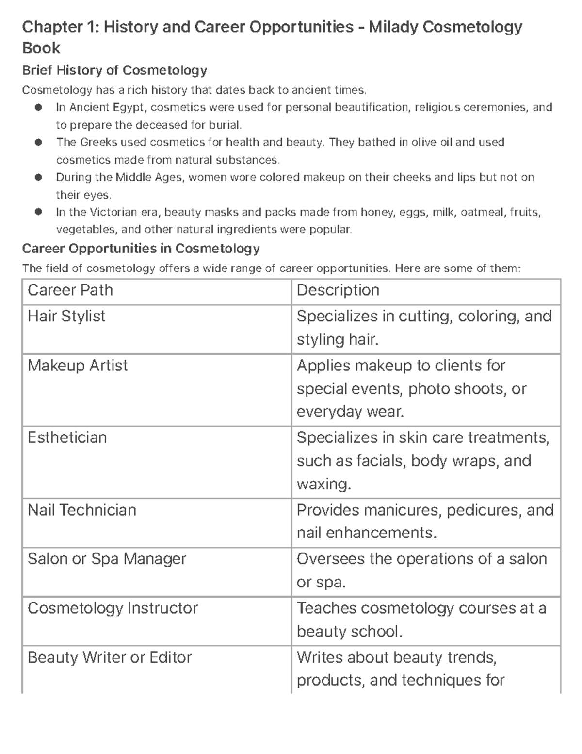 Chapter 1: History & Career Paths in Cosmetology (Milady Book) - Studocu