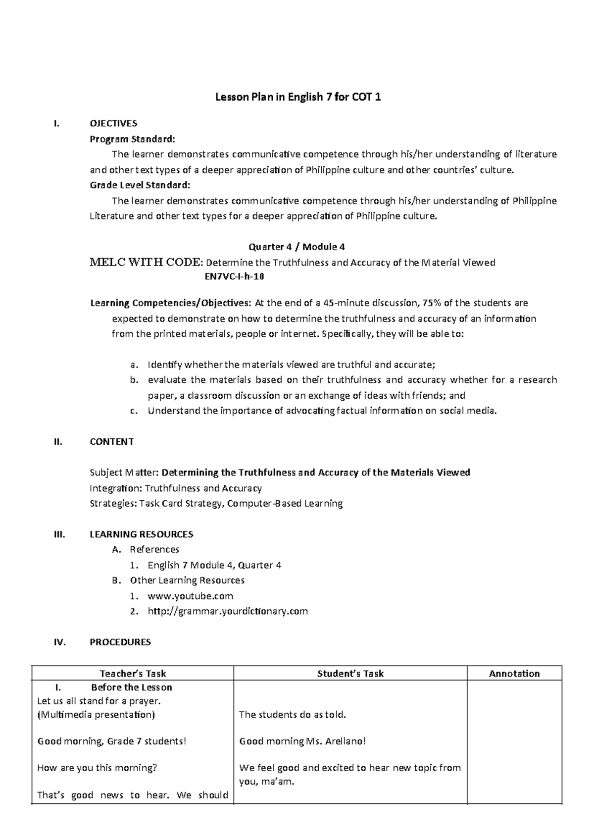 Lesson Plan for English 7: Determining Truthfulness & Accuracy (COT 1 ...
