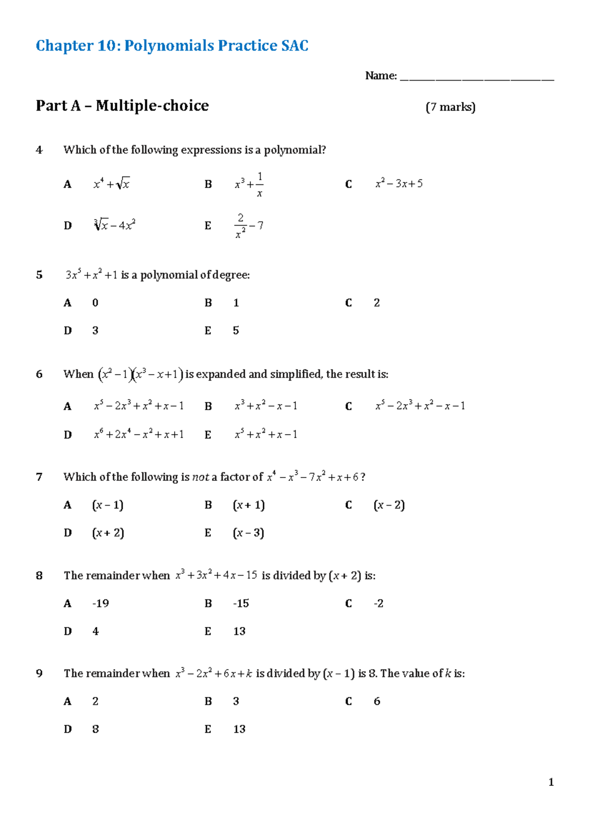 Y10 Polynomials Practice SAC 10A - Solutions and Answer Guide - Studocu