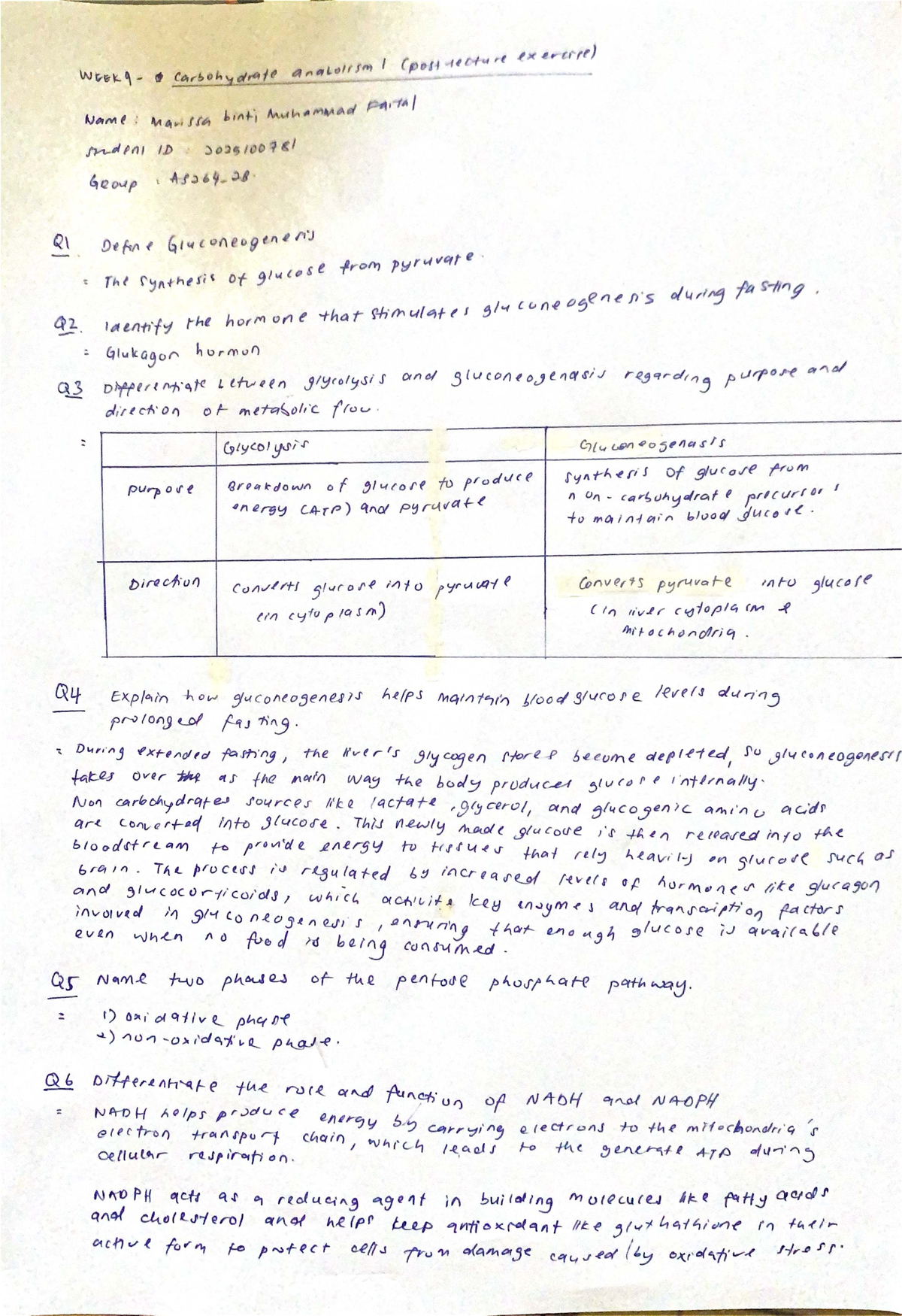 BIOCHM TUTO: Carbohydrate Metabolism Exercise Notes (ID: 3035100781 ...