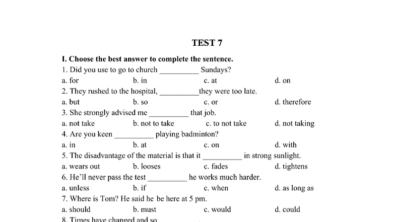 TEST 7 - English Grammar & Vocabulary Practice - Studocu