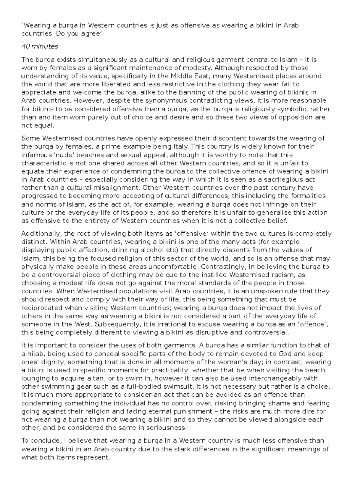 LNAT Essay Attempt: Burqa vs. Bikini - Cultural Perspectives - Studocu