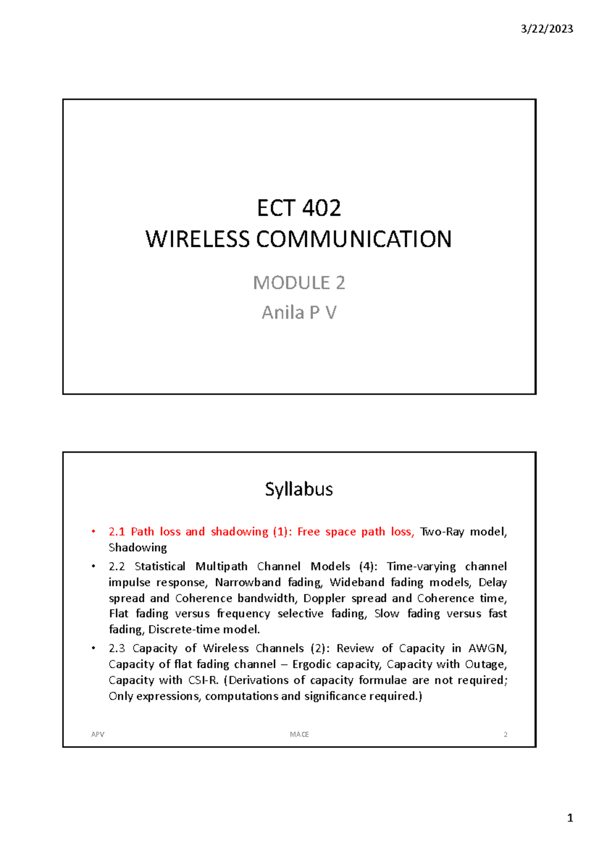 ECT 402 WIRELESS COMMUNICATION MODULE 2: Path Loss & Channel Models ...