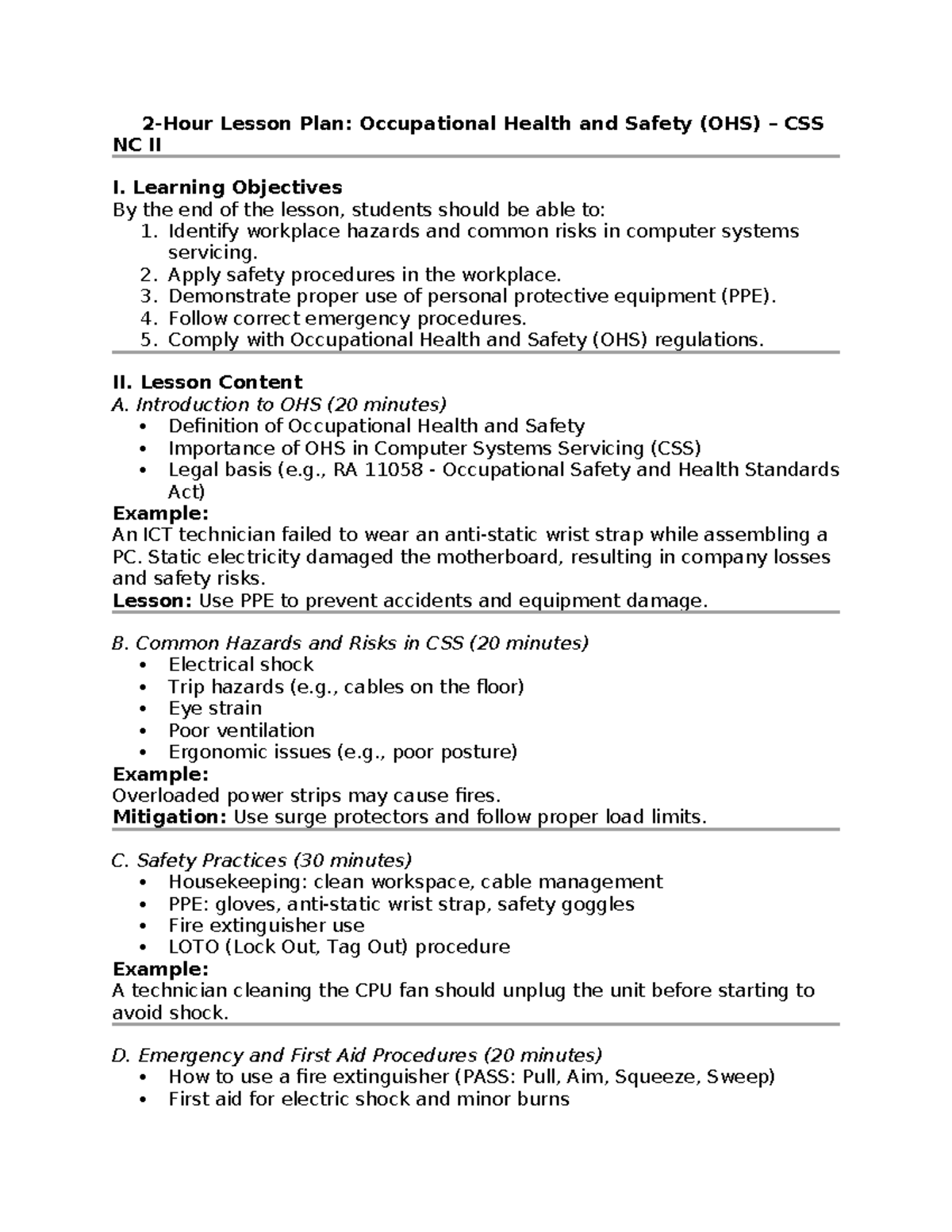Lesson 1: OHS in Computer Systems Servicing (CSS NC II) - Studocu