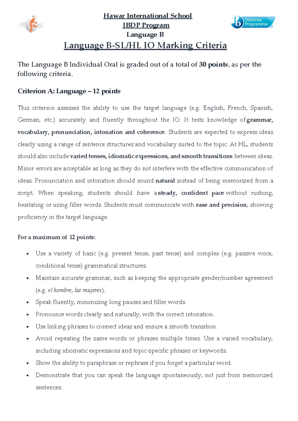 Language B IBDP IO Marking Criteria (SL/HL) - Studocu