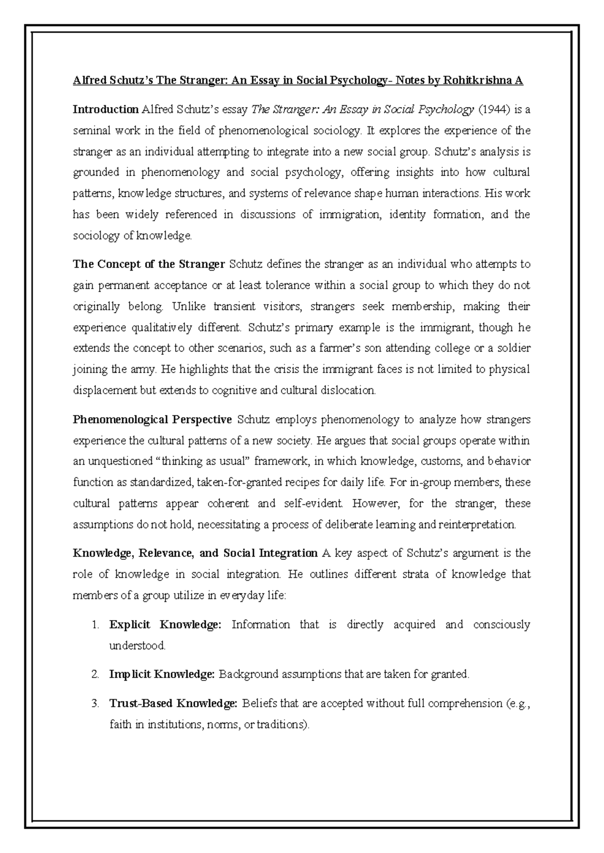 The Stranger: Social Psychology Insights - Essay Notes (Course Code ...