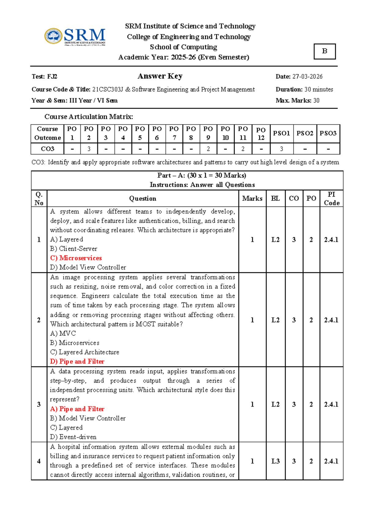 21CSC303J Software Engineering & Project Management FJ2 Set B Answer ...