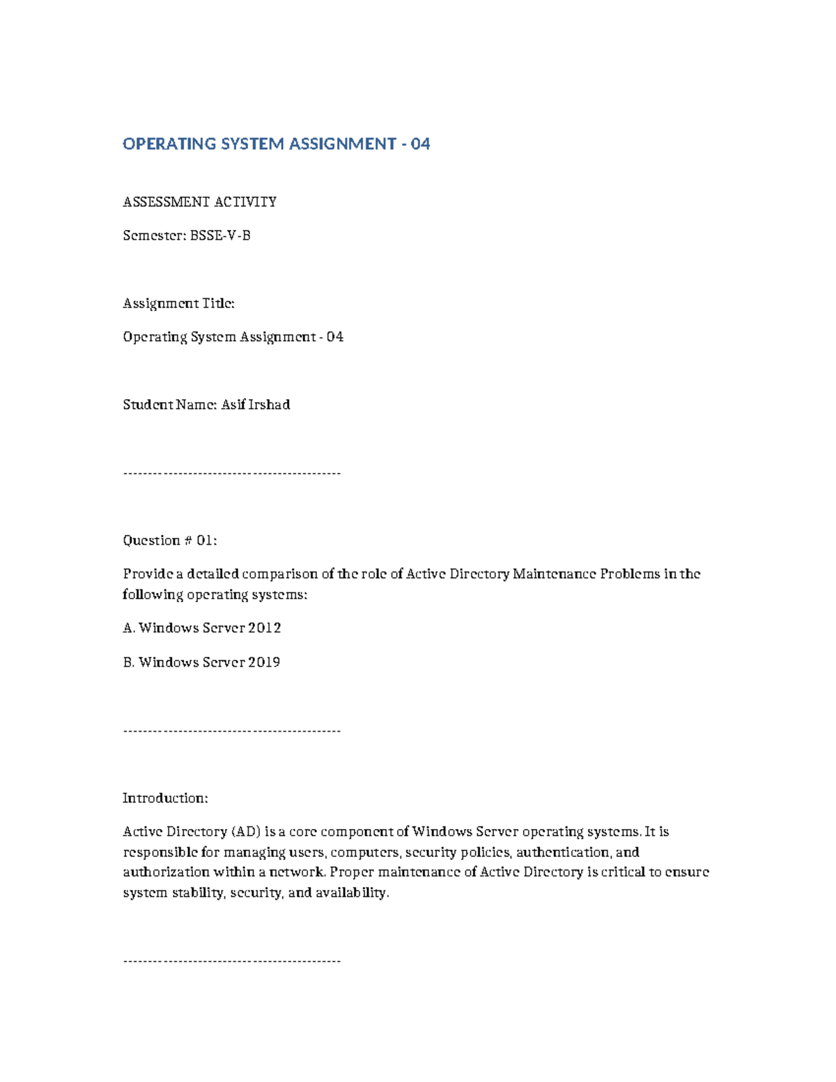 Operating System Assignment 04: AD Maintenance Issues in WS 2012 & 2019 ...