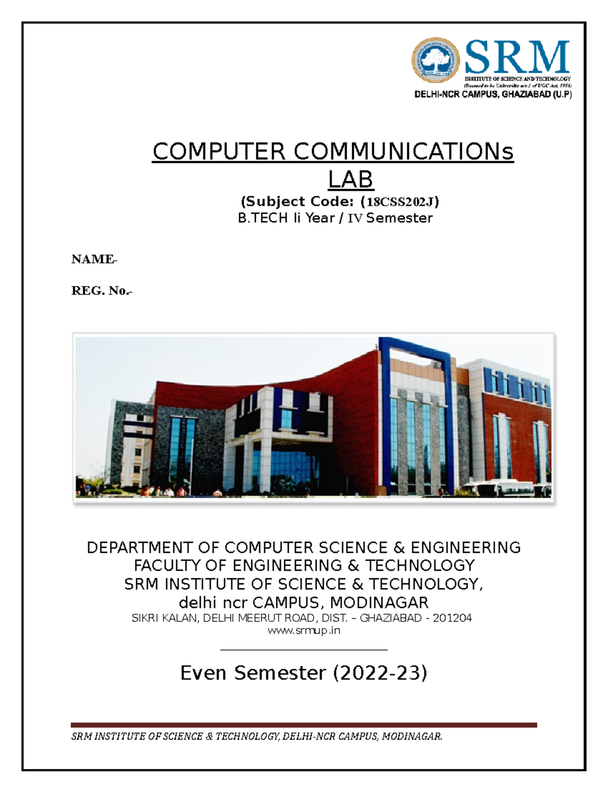 Computer Communications Lab Report (18CSS202J) - B.TECH II Year - Studocu