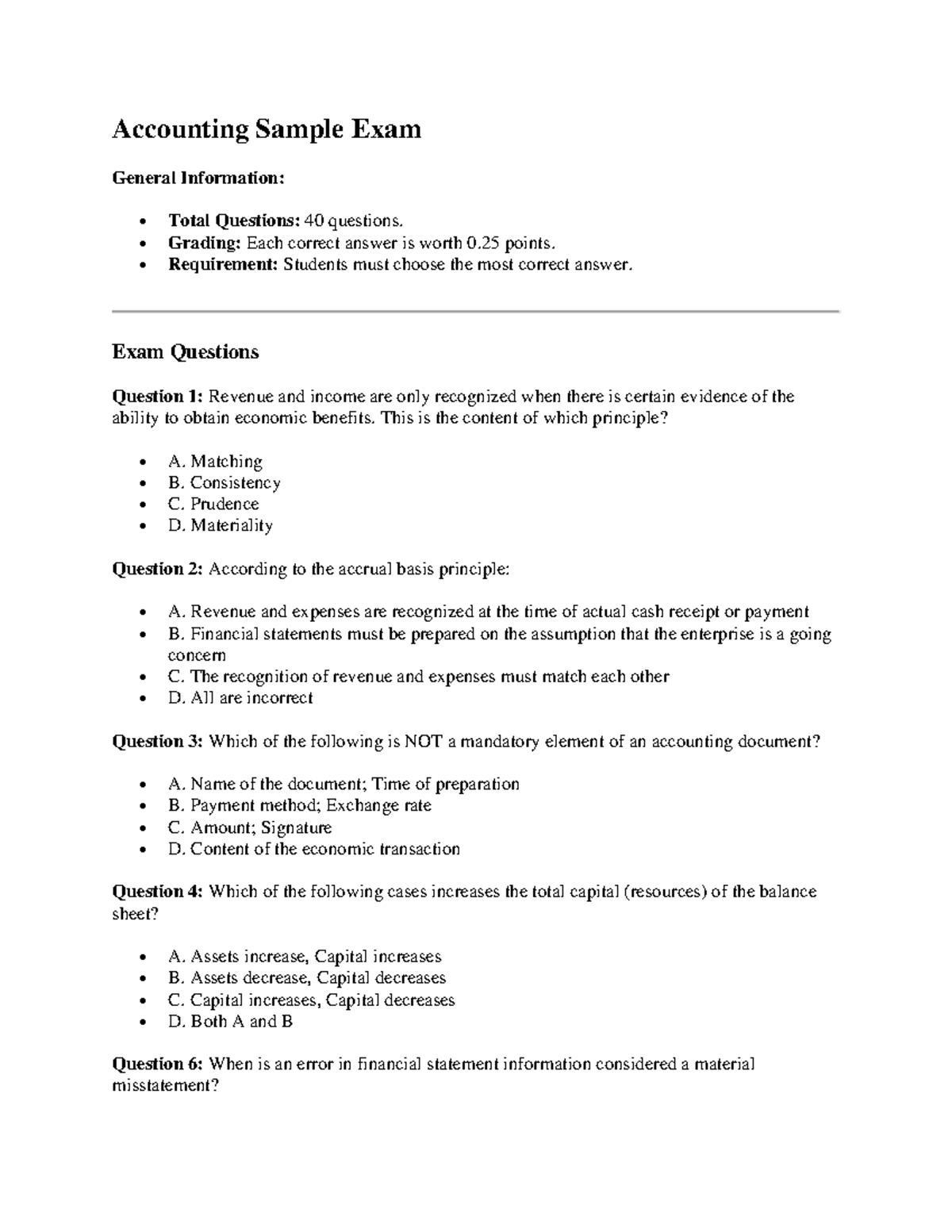 Accounting Sample Exam: Key Concepts and Questions (40 Qs) - Studocu