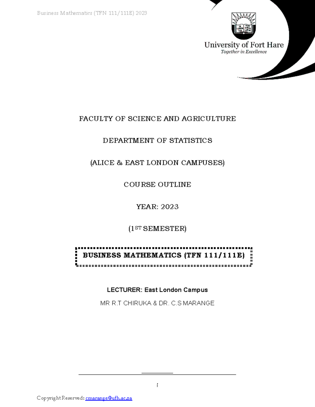 TFN 111/111E Business Mathematics Course Outline for 2023 Semester 1 ...