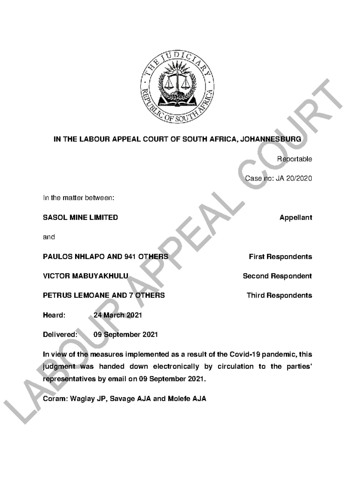 Labour Court Caselaw - IN THE LABOUR APPEAL COURT OF SOUTH AFRICA ...