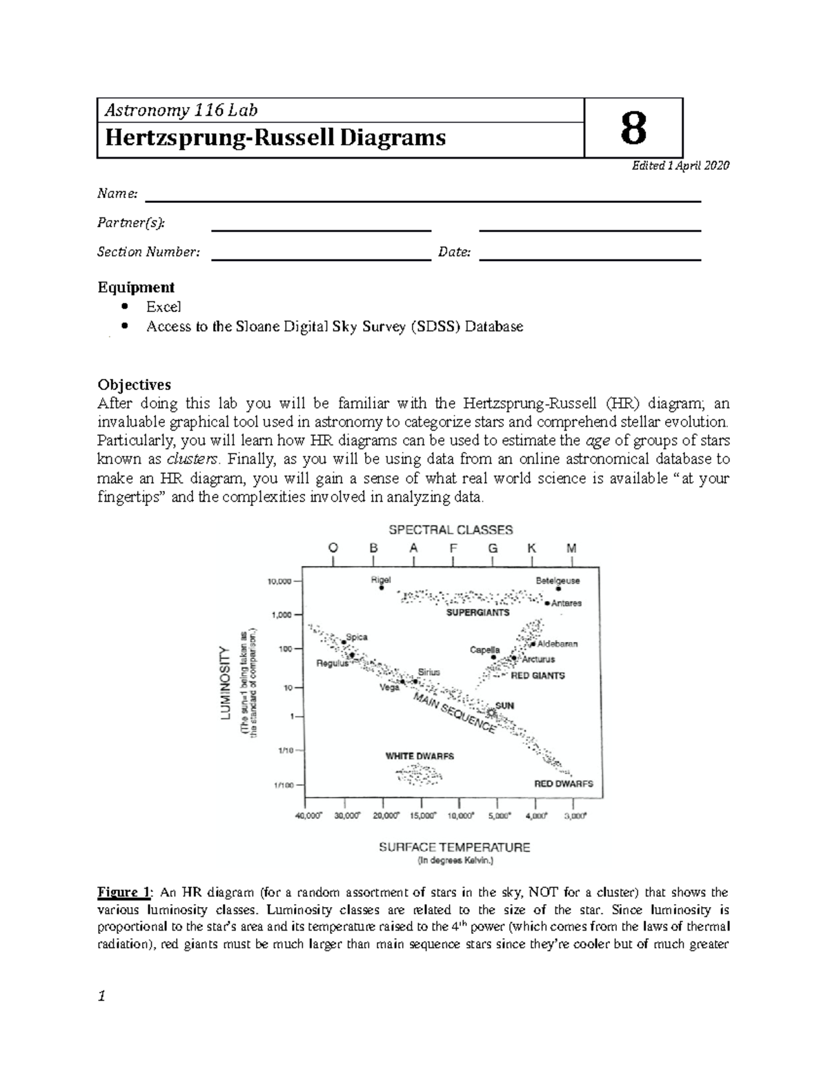 Lab 8 - The HR Diagram - Astronomy 116 Lab Hertzsprung-Russell Diagrams ...