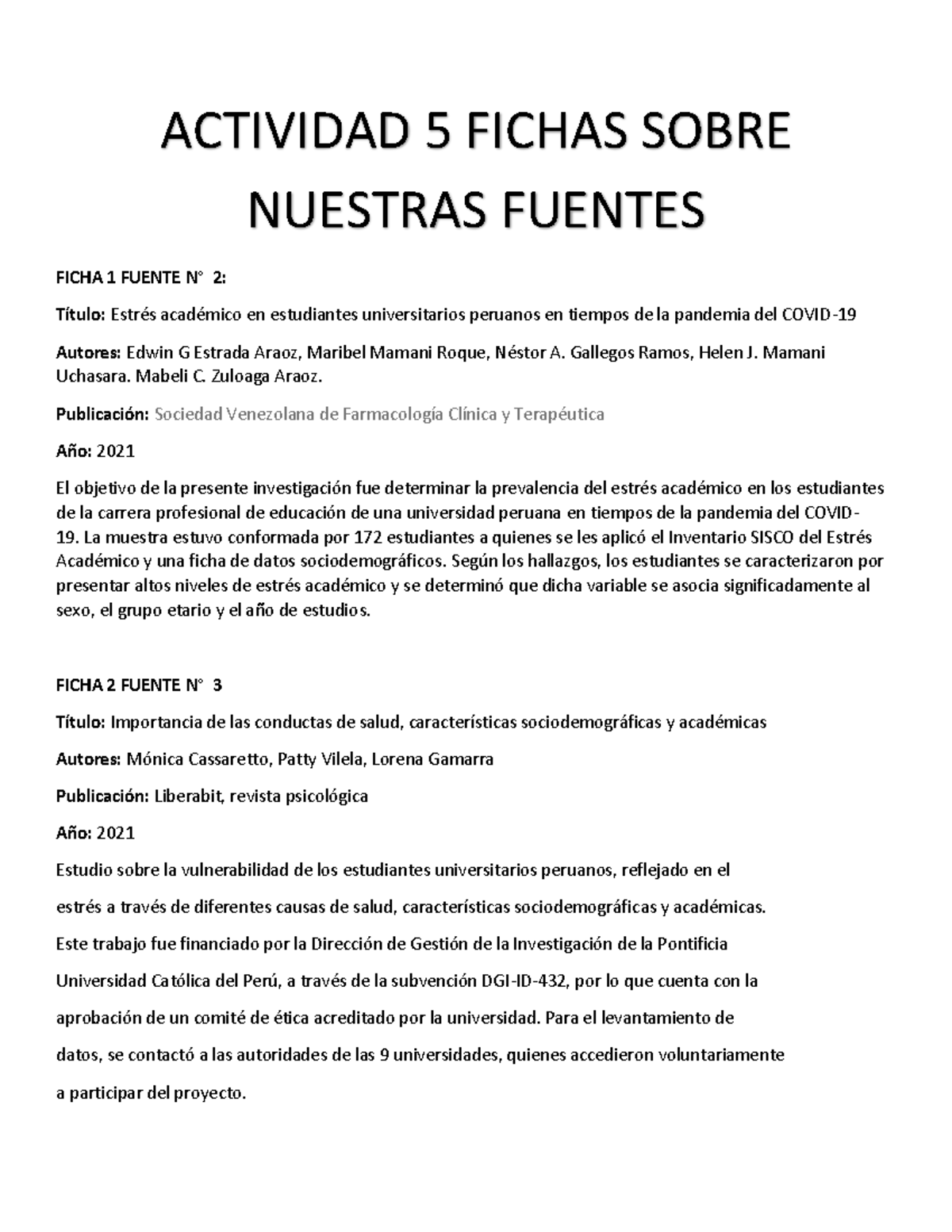 Fuentes - FICHA 1 FUENTE N° 2: Título: Estrés académico en estudiantes ...