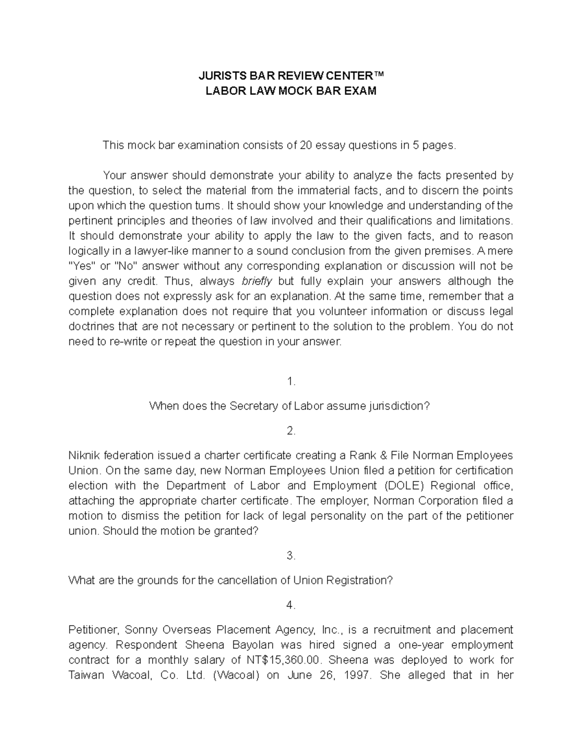 Labor Law Mock Bar Exam Questions for Bar Examination (JBC-2023) - Studocu