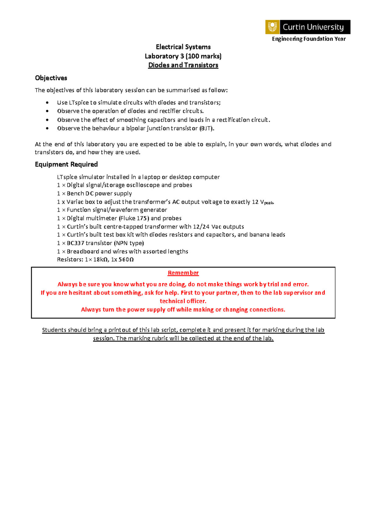 ELEN1000 Lab 3: Diodes & Transistors Simulation and Experimentation ...