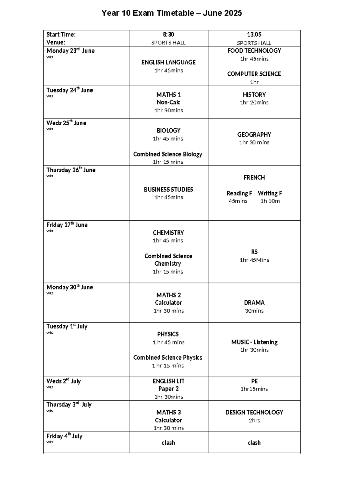 Year 10 Exam Timetable June 2025 - Final Version - Studocu