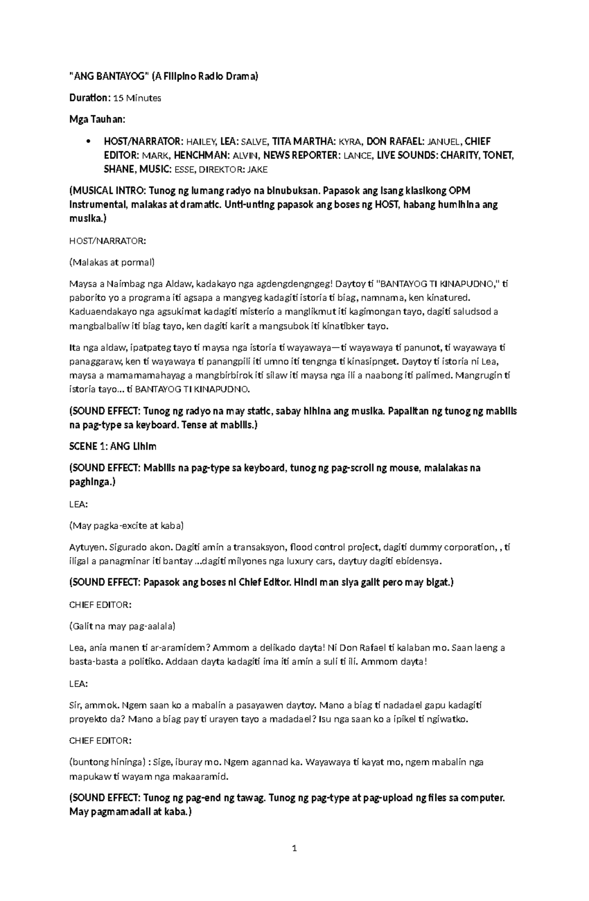 Filipino Radio Drama Script: BANTAYOG TI KINAPUDNO (15 Min) - Studocu