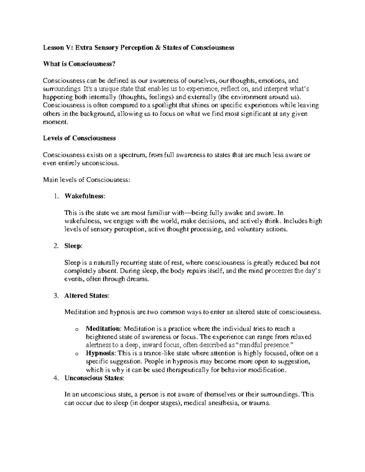 Lesson-V-Module - Lecture - Lesson V: Extra Sensory Perception & States ...