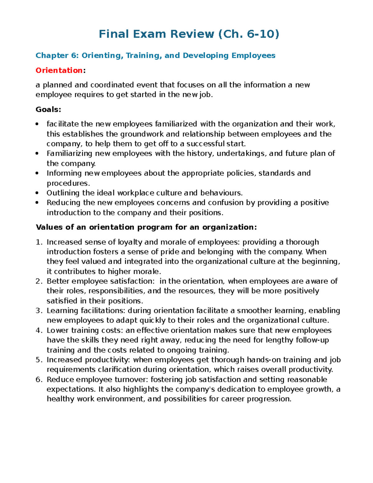 HRMT - Final Exam Study Guide (Ch. 6-10) - Studocu