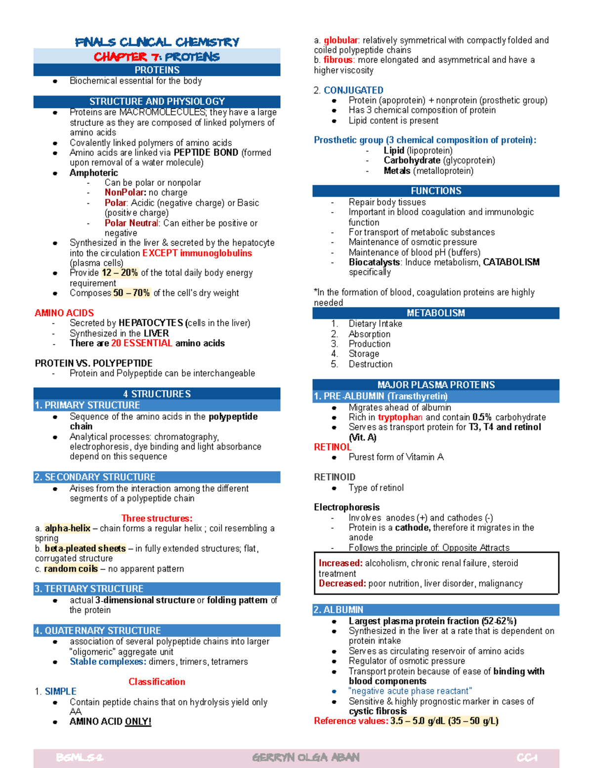 Finals Clinical Chemistry CH 7: Proteins Structure & Function - Studocu