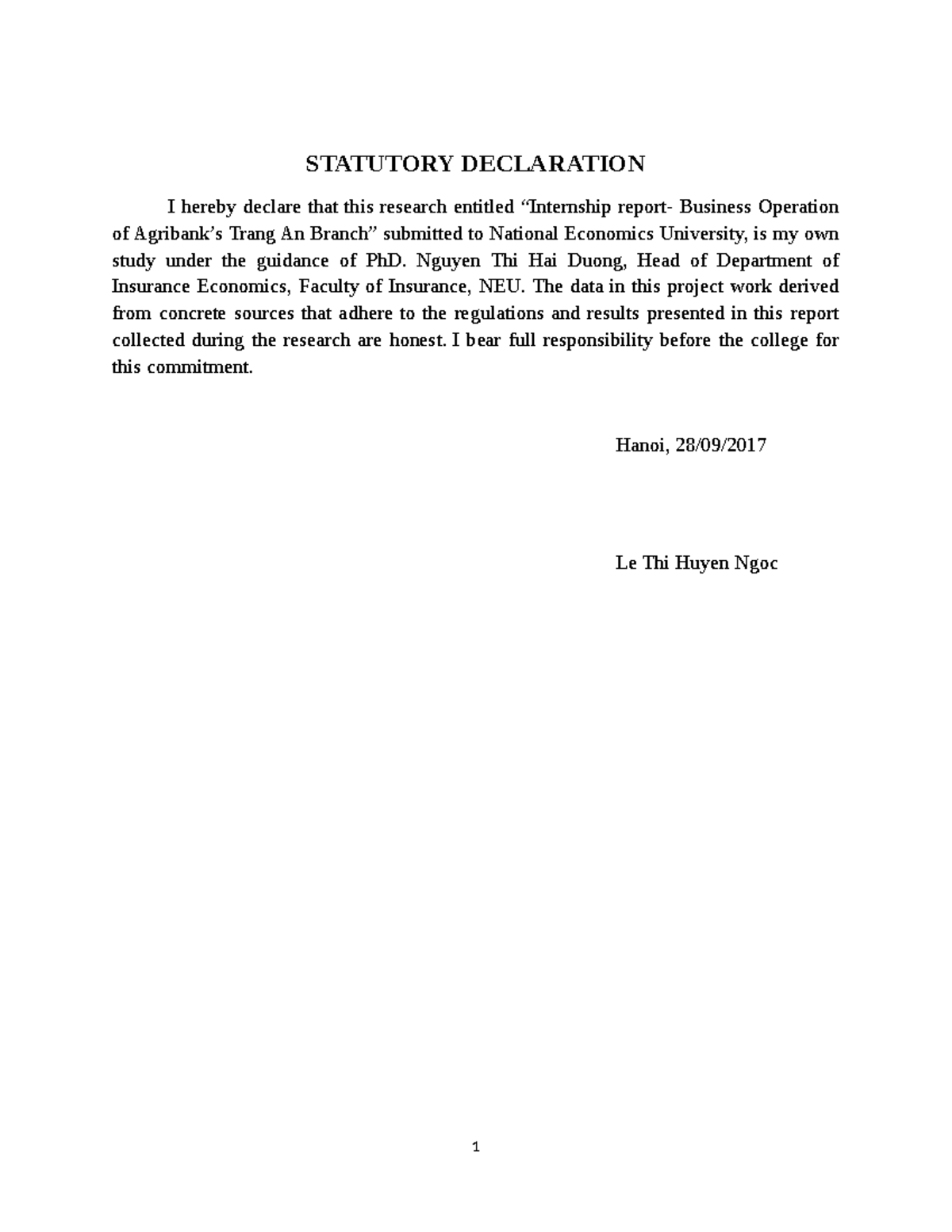 K56 Internship report - review - STATUTORY DECLARATION I hereby declare ...