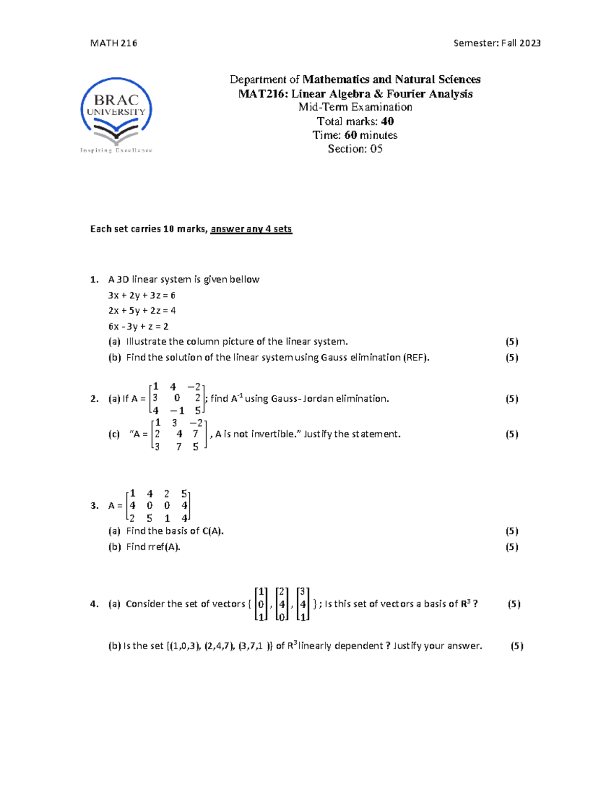 MATH 216 Midterm Exam for Linear Algebra & Fourier Analysis - Sec 05 ...