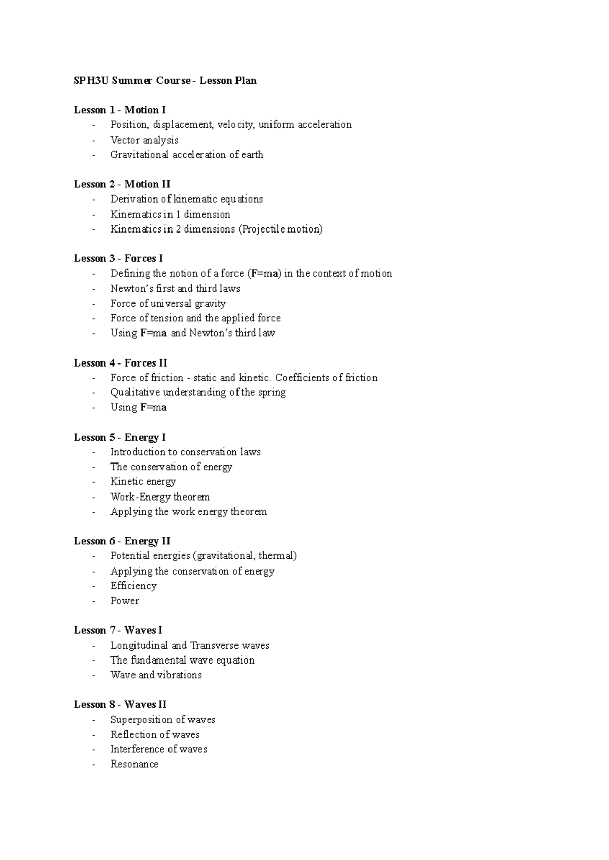 SPH3U Summer Course Lesson Plan: Motion, Forces, Energy & Waves - Studocu