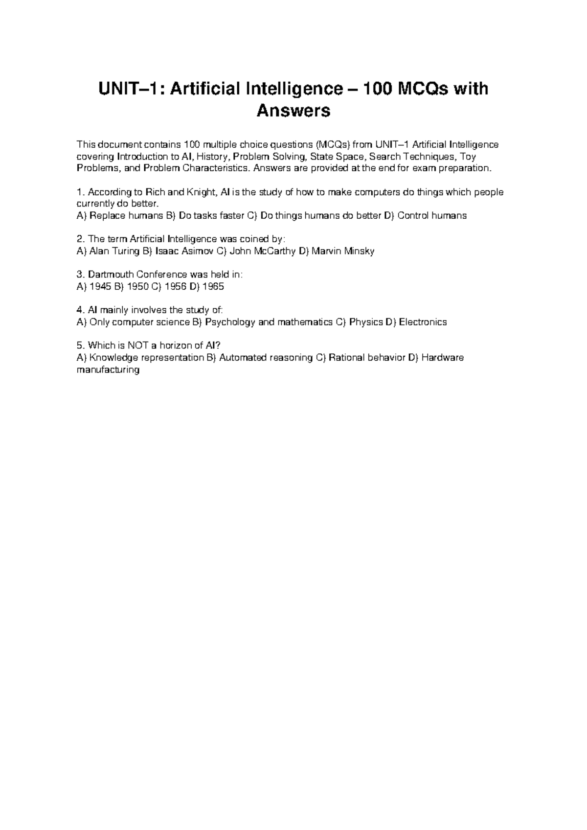 AI 100 MCQs with Answers for Unit 1 Exam Preparation - Studocu