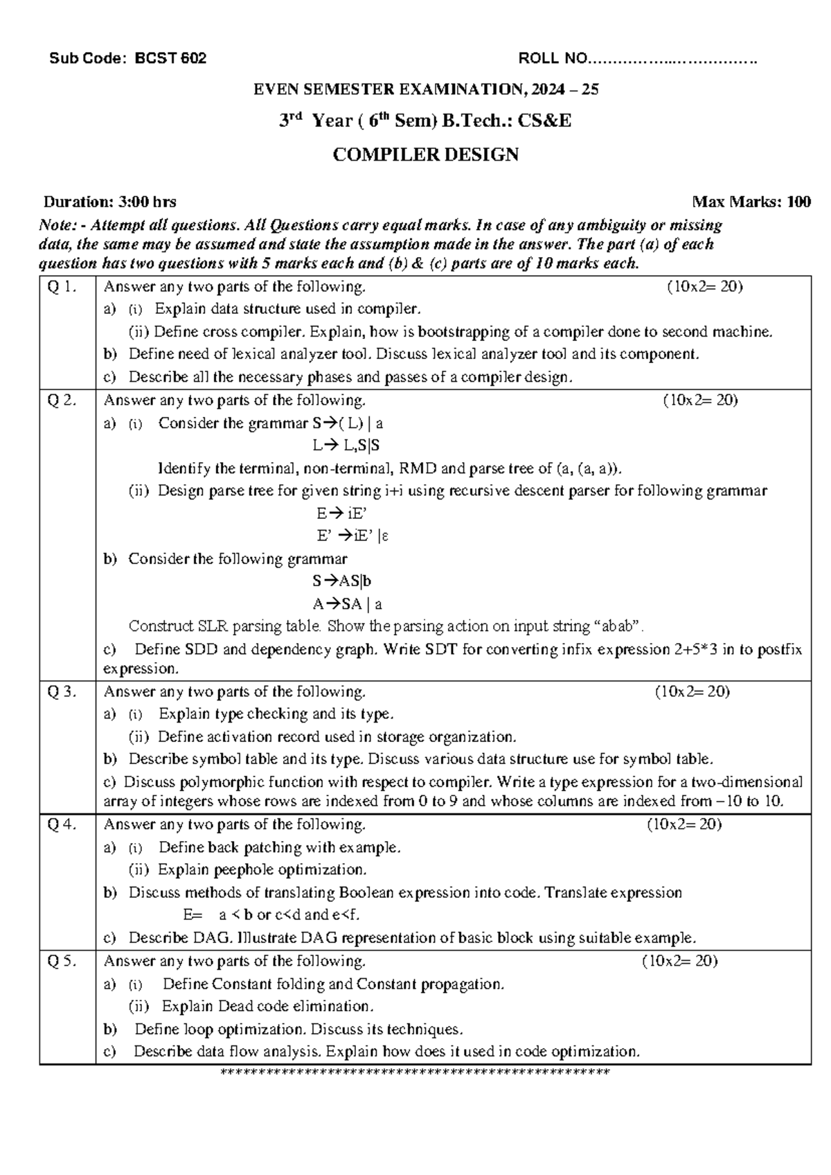 BCST 602 Final Exam: Compiler Design Q&A - 3rd Year B.Tech. - Studocu