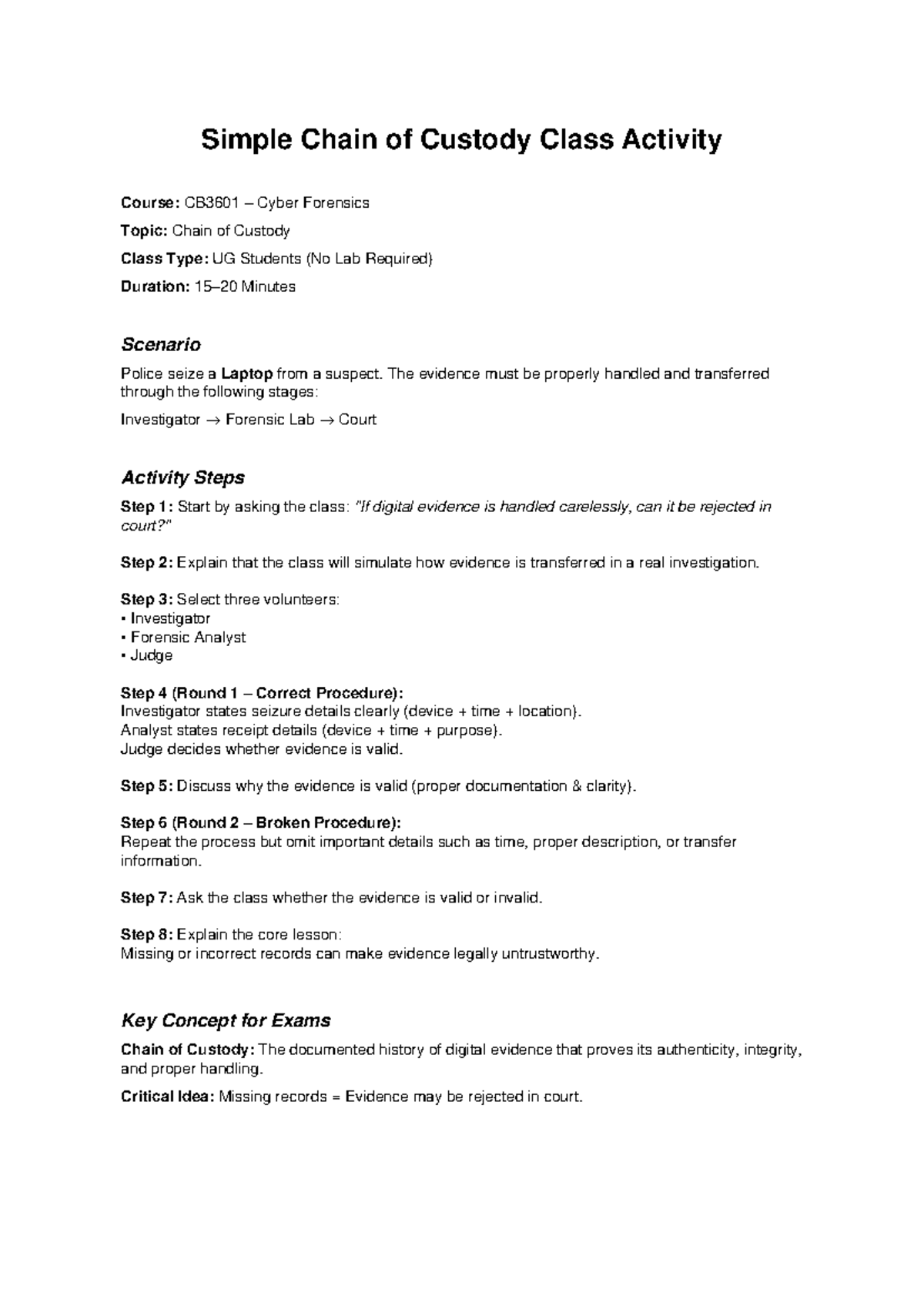 CB3601 Chain of Custody Activity for Cyber Forensics Class - Studocu