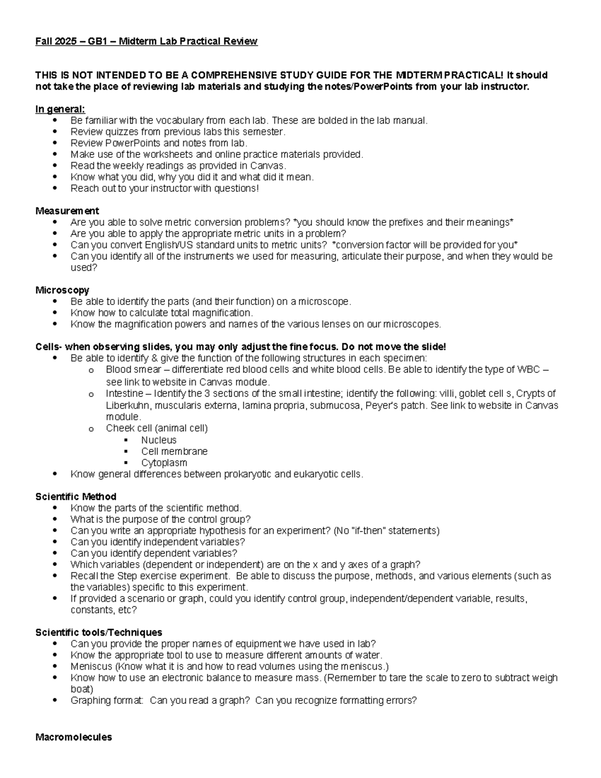 Fall 2025 GB1 Midterm Lab Practical Review Guide - Studocu