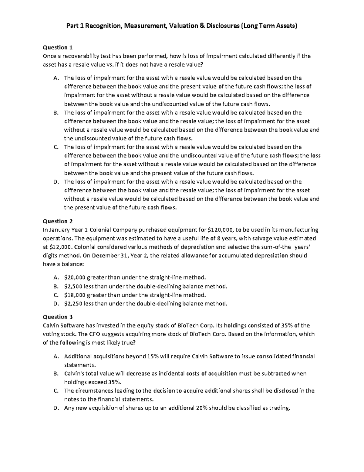 Long Term Assets and Impairment Analysis for ACCT 301 Exam Questions ...